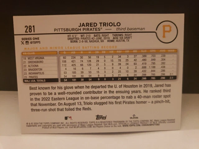 JARED TRIOLO 2024 Topps Series 1 #281 RC Rookie Pittsburgh Pirates EUR ...