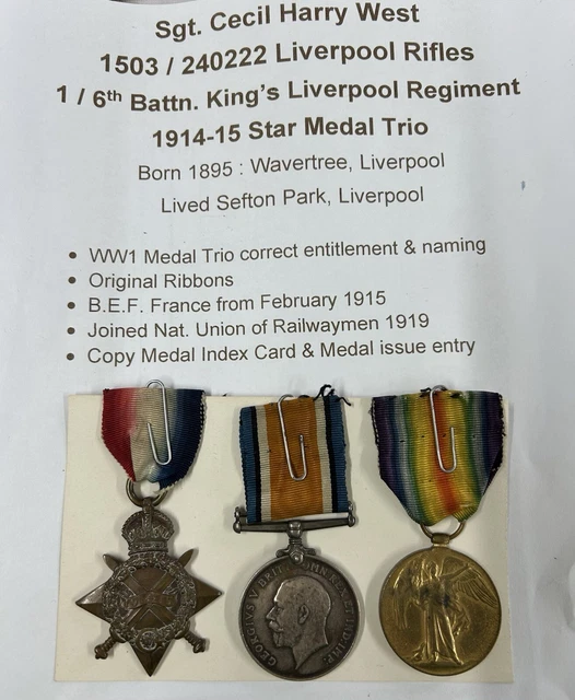 WW1 TRIO WAR Medals. Sgt. Cecil Harry West, Liverpool. £44.00 - PicClick UK