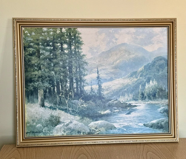VINTAGE SIGNED ROBERT Wood Framed Textured Oil Painting Print Mountain ...