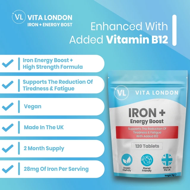 IRON & B12 Energy Tablets - 28mg - 240 Tablets (Not Capsules Or Gummies ...