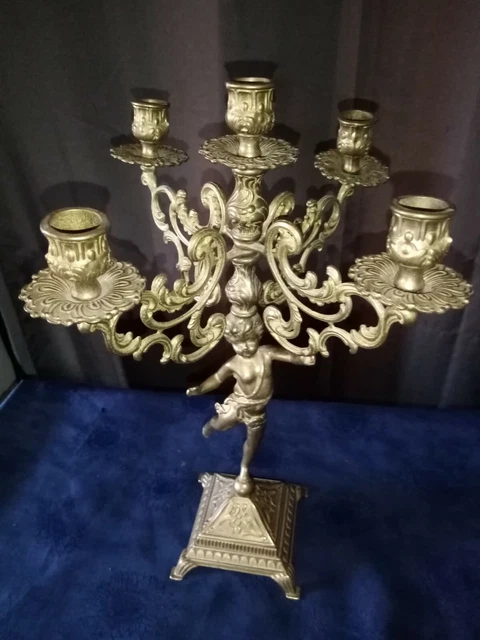 ANCIEN CANDELABRE CHANDELIER Bougeoir Bronze Dore Putto Angelot Old ...