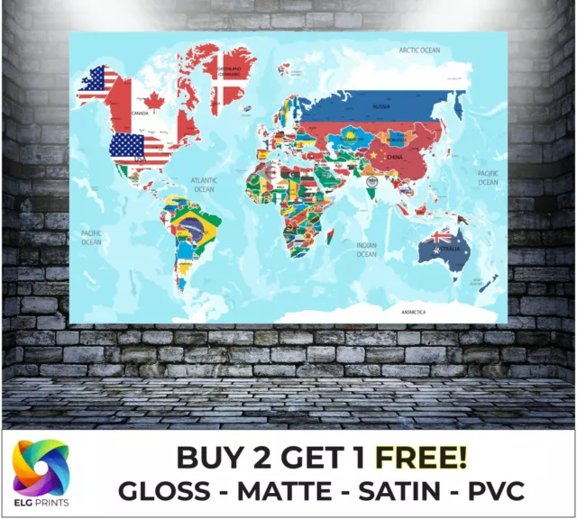 WORLD MAP ATLAS Country Flags Names Large Poster Art Print Gift in ...