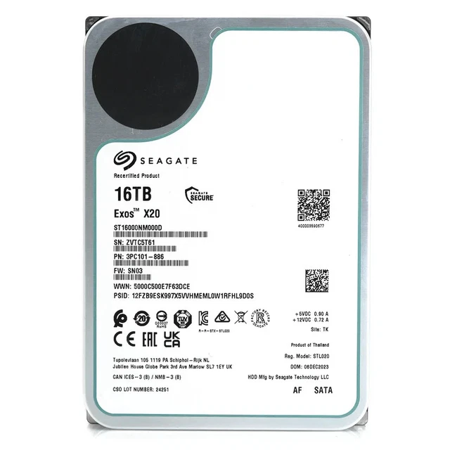 SEAGATE EXOS X20 ST16000NM000D 16TB 7.2K RPM SATA 6Gb/s 512e 3.5in HARD ...