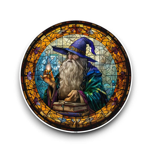 LARGE MAGICAL WIZARD Stained Glass Window Design Opaque Vinyl Sticker ...