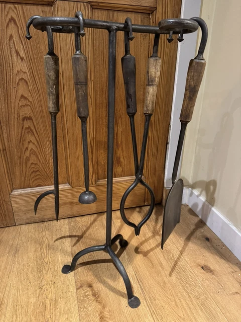 ANTIQUE LOG FIRE Companion Set blacksmith made hand Forged. Stunning. £ ...