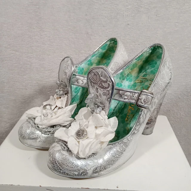 IRREGULAR CHOICE CANT Touch This Floral Flower Silver Perspex Heels ...