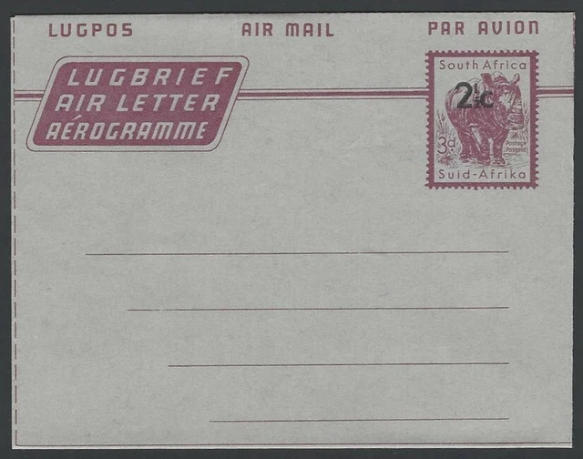 SOUTH AFRICA AIR letter unused 1961 2 1/2c on 3d Rhino H&G 36 Kessler ...