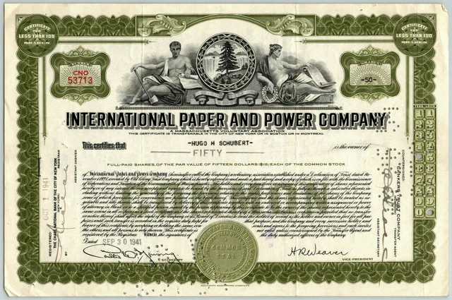 VINTAGE 1941 STOCK Certificate - "International Paper Company" $19.99 ...