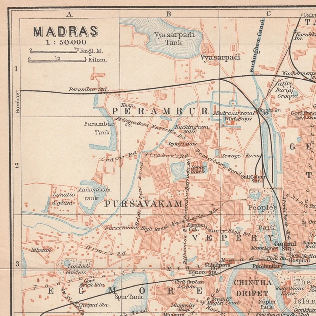 CHENNAI MADRAS 1914 INDIA ORIGINAL MAP CITY PLAN Hindustan Rajasthan £ ...