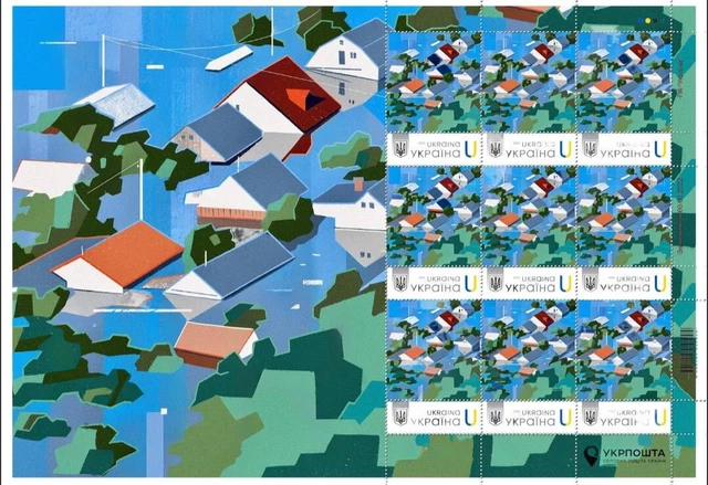 RARE STAMPS WAR in Ukraine 2022-2025 Flooded houses from a dam ...