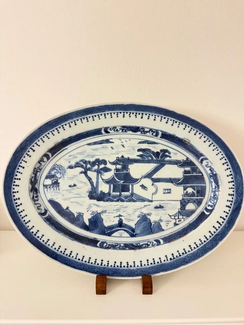 ANTIQUE CHINESE BLUE & White Landscape Oval Export Plate with Mark ...
