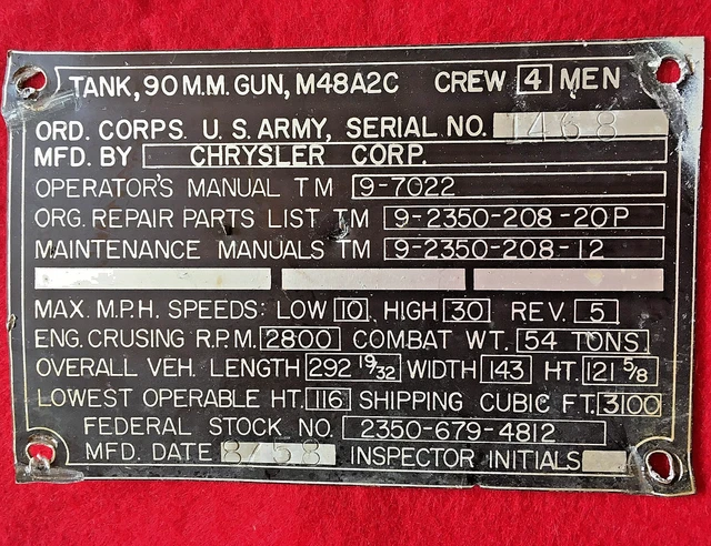 RARE U.S.ARMY M-48A2C #1468 Master Data Plate As Removed From The Tank ...