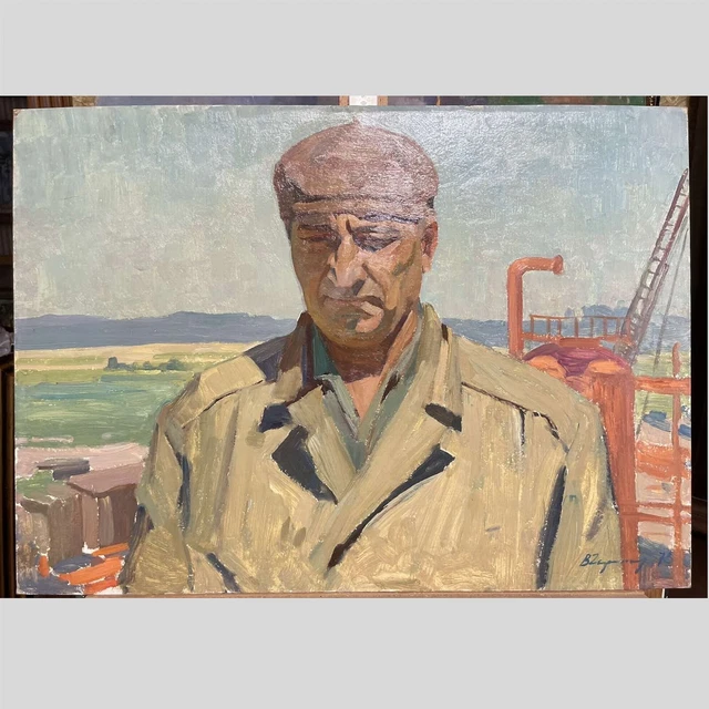 OLD OIL HAND PAINTING /The Welder Portrait/ USSR 27"=70cm Realism 1973 ...