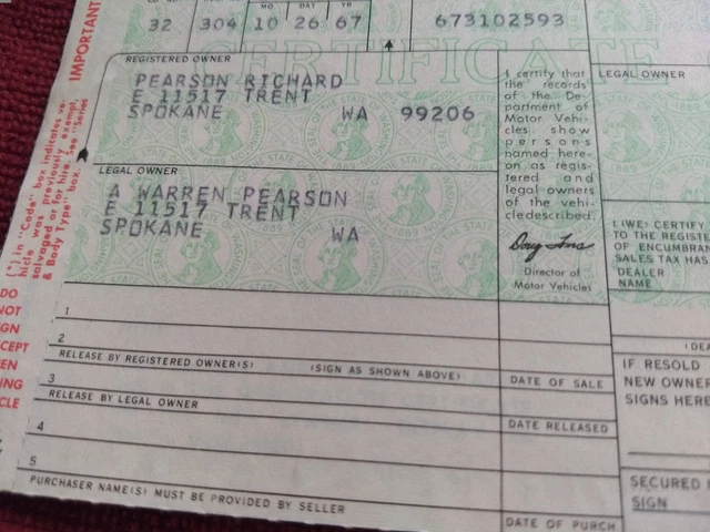 VINTAGE HISTORICAL WASHINGTON State Title Document 1956 Cadillac DEL ...