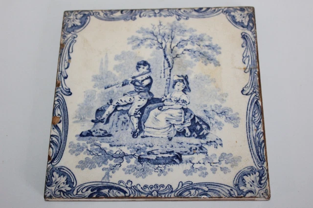 ANCIENNE SÉRIE MINTON Watteau Garçon & Fille Avec Flûte Carrelage Bleu ...