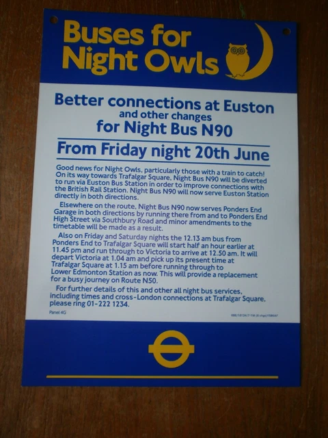 LONDON TRANSPORT BUS Stop Timetable Poster-New Night Route N73, 1989 £1 ...