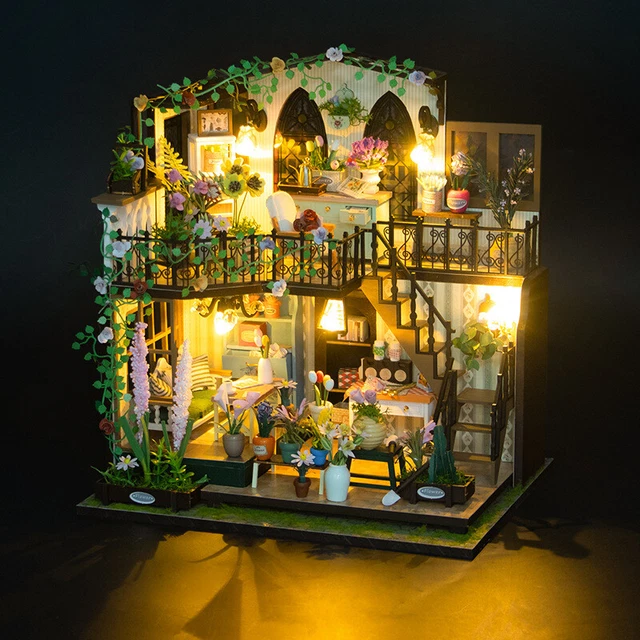 DIY MINIATURE DOLLHOUSE Kit Double Decker House LED Light Wooden ...