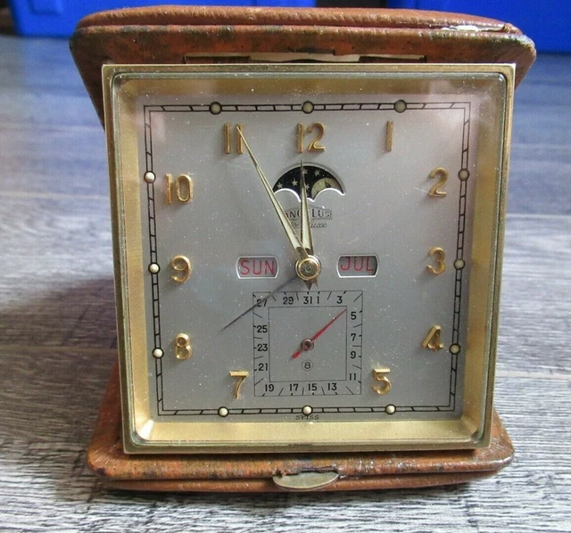 VINTAGE 8 DAY ANGELUS FOLIO LUXE TRIPLE DATE MOON PHASE ALARM TRAVEL ...