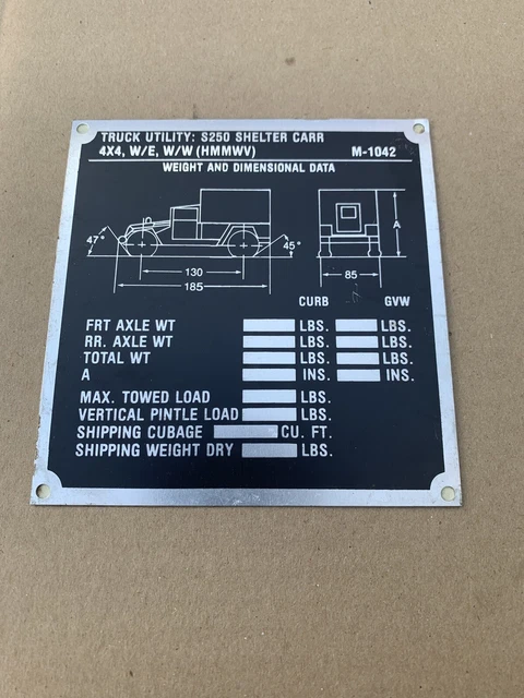 NOS M1042 HMMWV Humvee Weight And Dimensional Data Plate EUR 16,56 ...