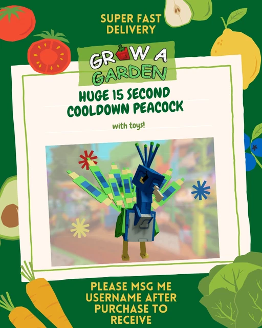 🦚 GIANT 15 SECOND PEACOCK 🦚 Roblox Grow A Garden SUPER FAST DELIVERY ...