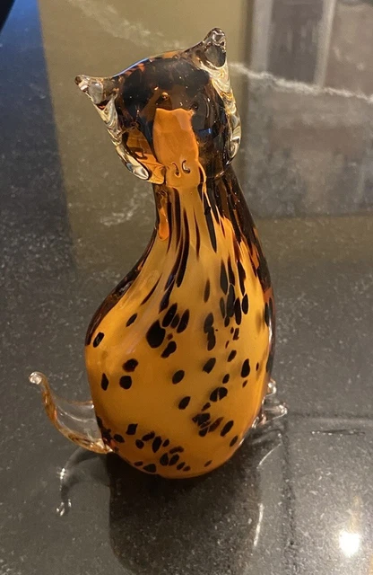 ART GLASS AMBER Cased White Calico Cat Figurine Statue Paperweight $25. ...