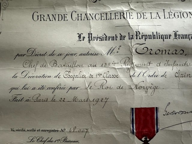 NORVÈGE DIPLOME DE Chevalier 1° Classe De L'ordre De Saint Olav 1927 ...