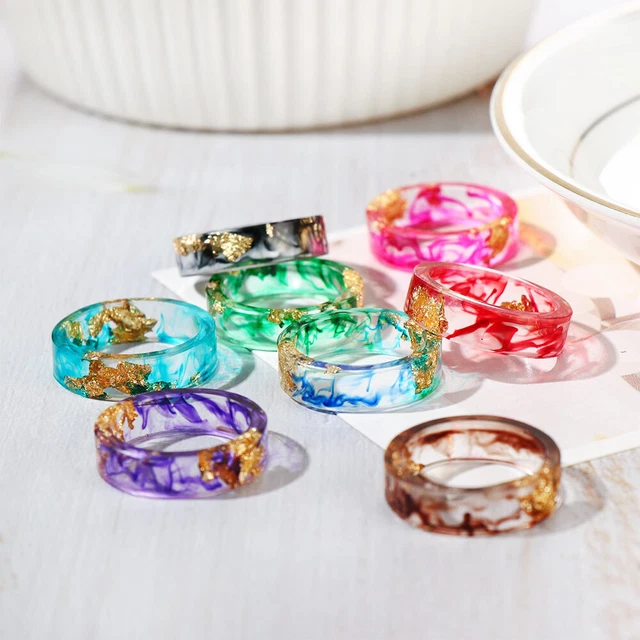 HANDMADE FANTASY WOMEN Gold Foil Resin Epoxy Ring Transparent Flower ...