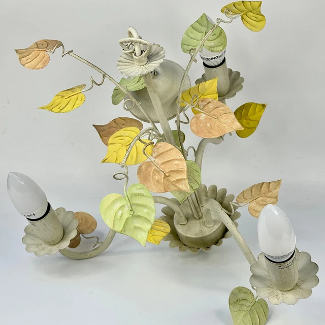 VINTAGE FRENCH 3 Arm Toleware Light with Coloured Metal Leaves By ...