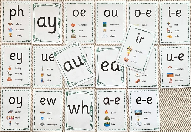 DOUBLE SIDED PHASE 5 Phonics Flash Cards + Words EYFS Sounds Digraphs ...