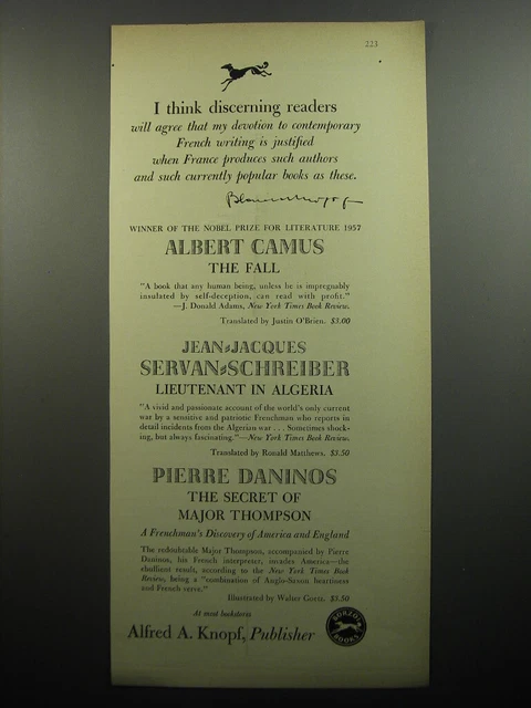 1957 ALFRED A. Knopf Book Advertisement - The Fall par Albert Camus EUR ...