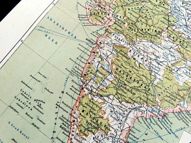 MAP OF INDIA British Empire Madras Bombay Ceylon Bangalore GERMAN ...