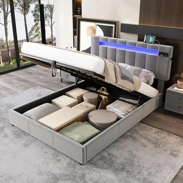 DOUBLE BED FRAME 4ft6 Grey Velvet LED Lighting 135x190cm No Mattress ...