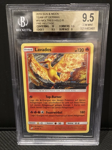POKEMON TEAM UP Lavados Moltres Pre Release Stamp Holo Deutsch BGS 9,5 ...