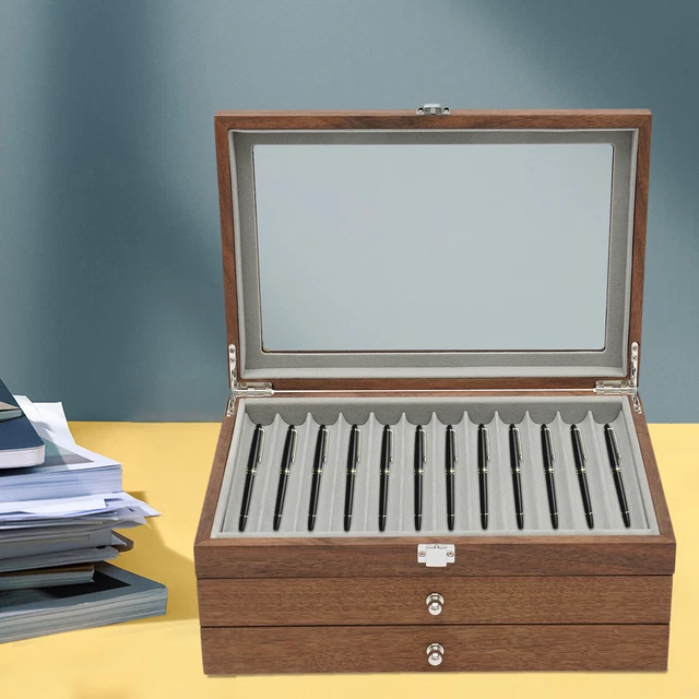 WALNUT WOOD PEN Display Box Triple Layer Fountain Pen Storage ...