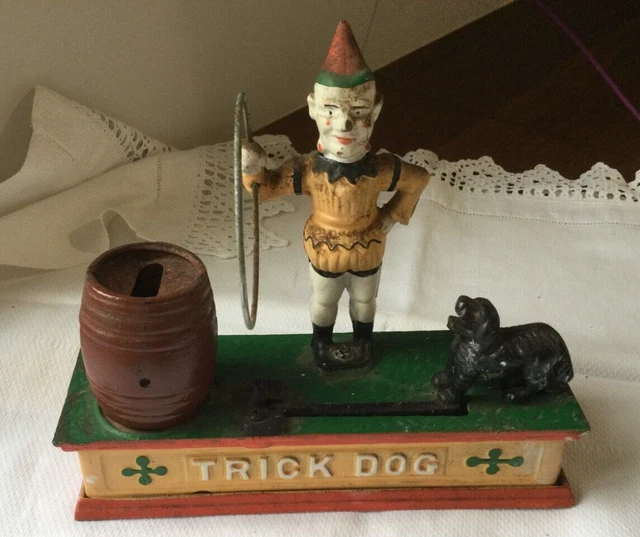 VINTAGE CAST IRON Mechanical Money Coin Bank Circus Trick Dog & Clown ...
