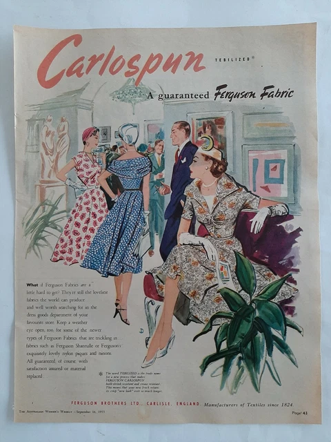 VINTAGE AUSTRALIAN ADVERTISING 1953 ad FERGUSON CARLOSPUN FABRIC party ...