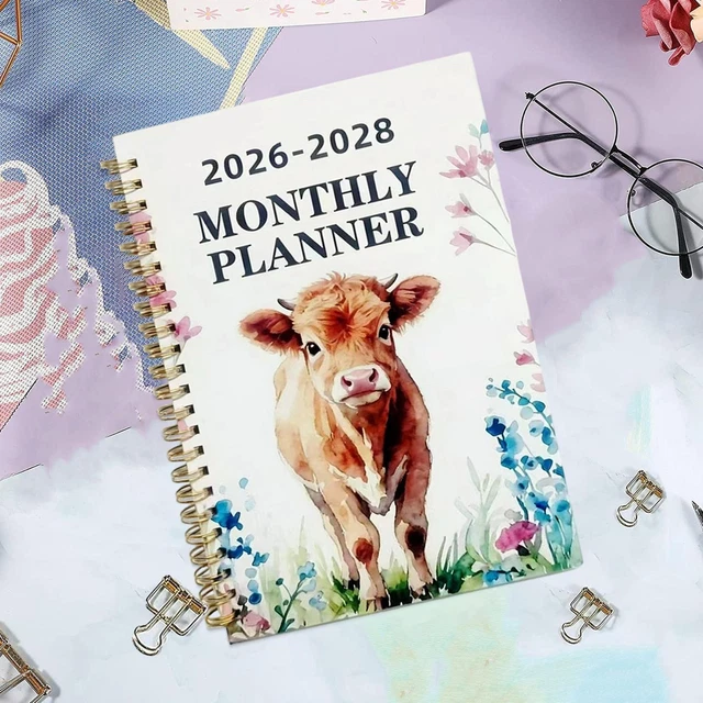 MONTHLY CALENDAR PLANNER 2026-2028 Cow Pattern Journal Agenda 3 Year ...