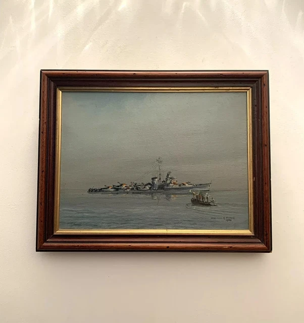 FABULOUS ROYAL NAVY Oil Painting of HMS Bicester (L34) by W.H Bates (d ...