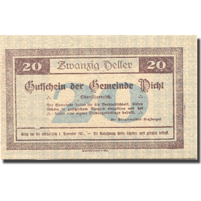 [#276270] GELDSCHEIN, ÖSTERREICH, Pichl, 20 Heller, paysage 1920-11-01 ...