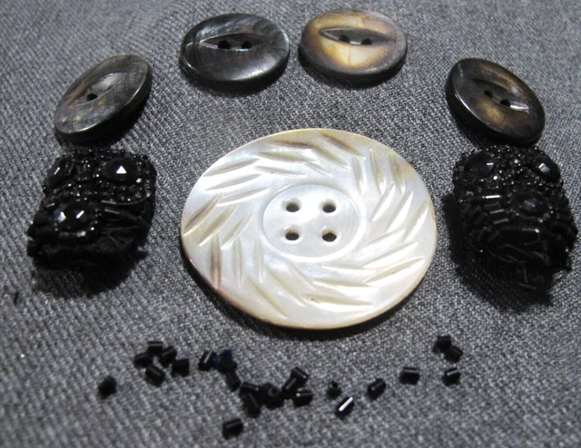 ANTIQUE MOP & abalone buttons + victorian mourning beaded pieces lot ...