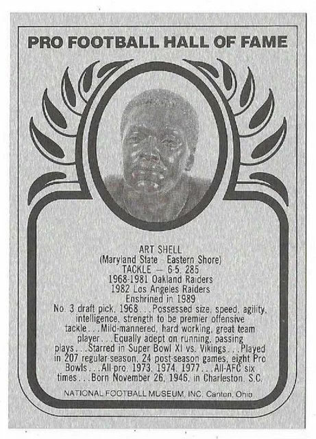 ART SHELL 1989 Pro Football Hall of Fame Metallic Metal Card Raiders NM ...
