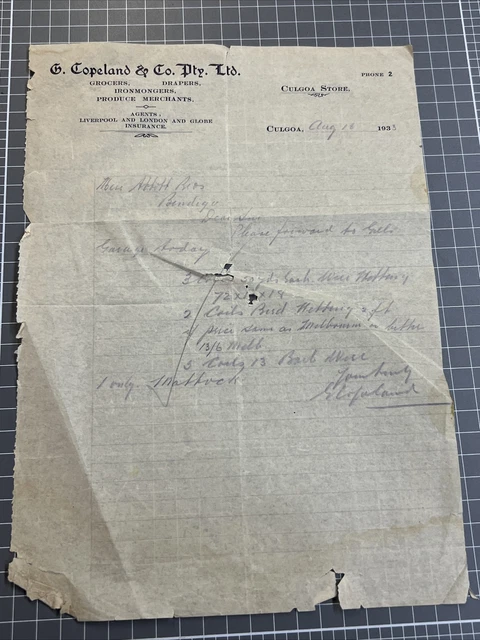 VINTAGE RECEIPT COPELAND & Co Grocers Merchants Culgoa Nsw 1933 $9.99 ...