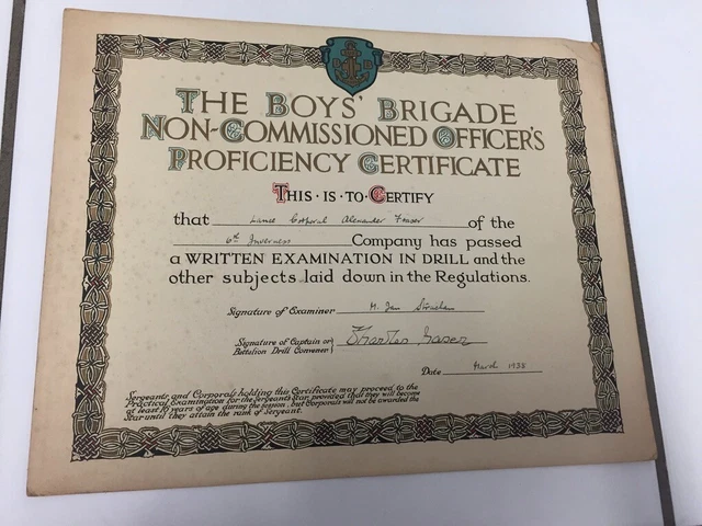 LARGE 1938 BOYS brigade certificate proficiency certificate (6th ...