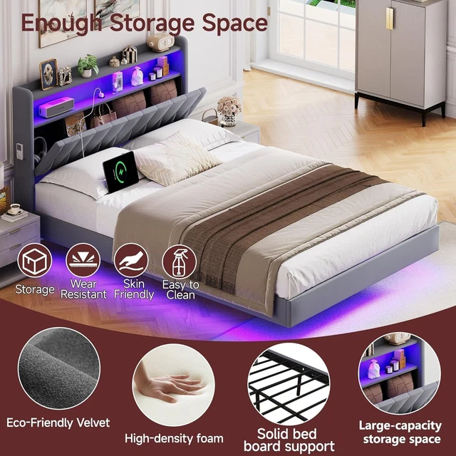 DOUBLE BED FRAME, 4ft6 Upholstered Bed with Concealed Rhombic Headboard ...