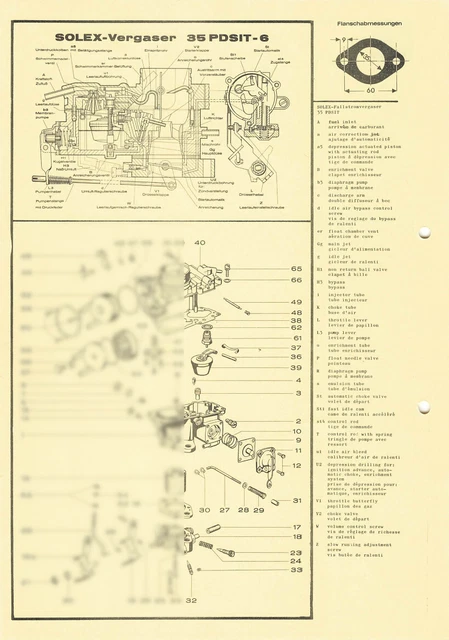 FICHE TECHNIQUE DONNÉES de réglage carburateur Solex 35 PDSIT - Opel Rekord C 1700 S - E16576 ...