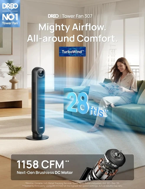 DREO TOWER FAN for Bedroom, 2026 Upgraded DC Motor, 28ft/s High ...