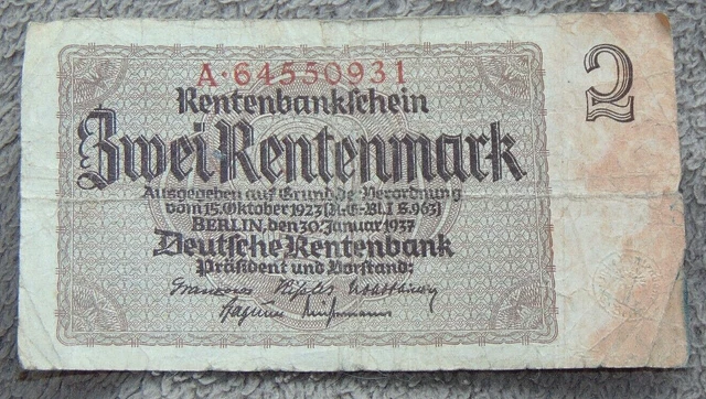 GELDSCHEINE, BANKNOTEN, EIN Rentenbankschein über Zwei Rentenmark 1937 ...