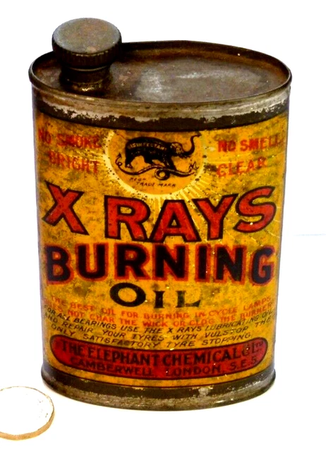 VERY RARE OLD EMPTY X-RAYS BURNING OIL TIN ELEPHANT & SNAKE ART DECO ...