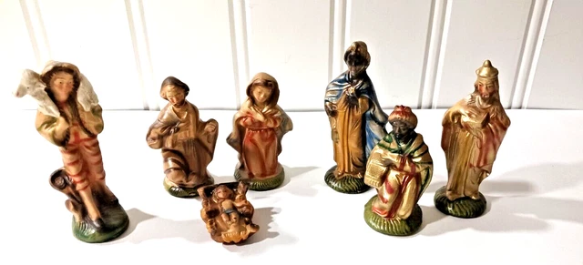 VINTAGE CHRISTMAS CRECHE Manger Nativity Chalk Figures Made Taiwan 7 ...