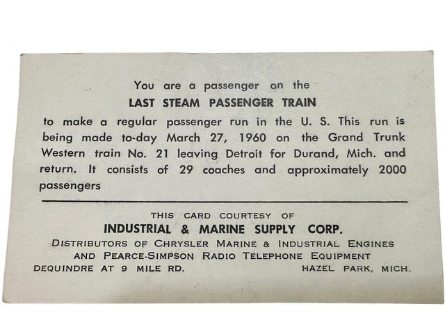VINTAGE LAST STEAM Passenger Train Ticket Grand Trunk Western Train 21 ...